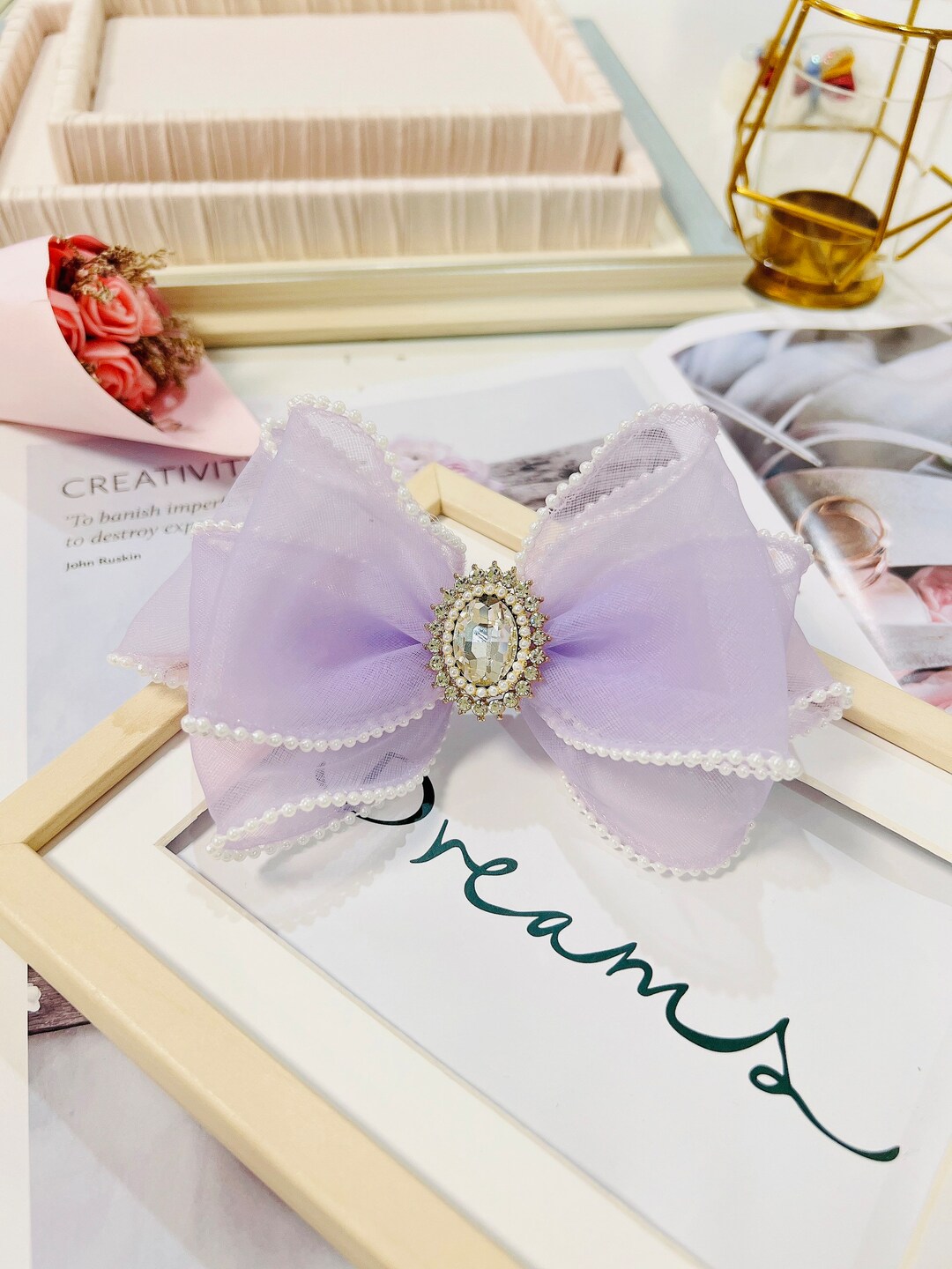 Lavender Tulle Bow, Light Purple Bow, Rhinestone Center Bow, Women ...