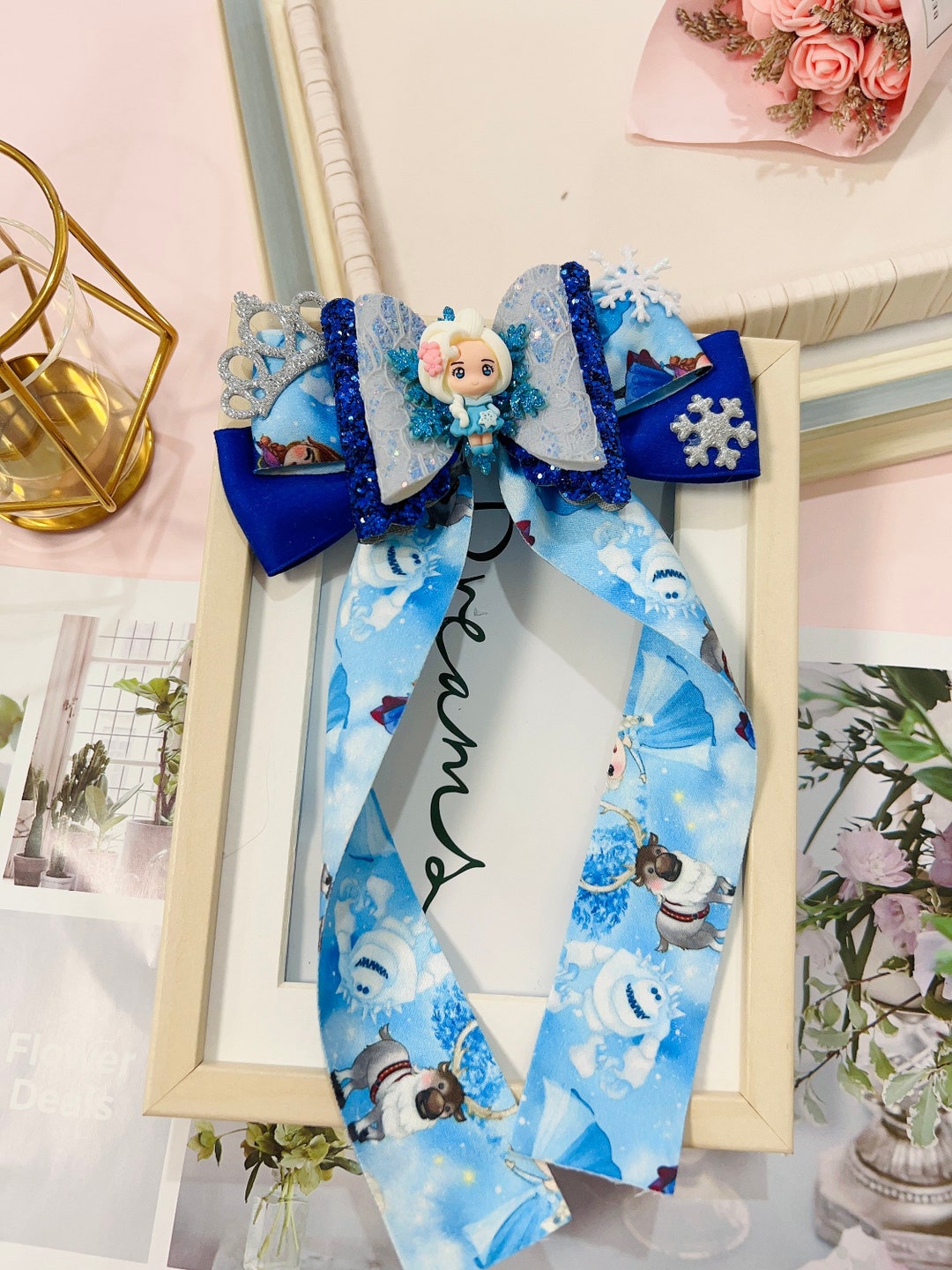 Frozen Inspired Bow, Elsa Long Tail Bow, Blue Ribbon and Glitter Bow ...