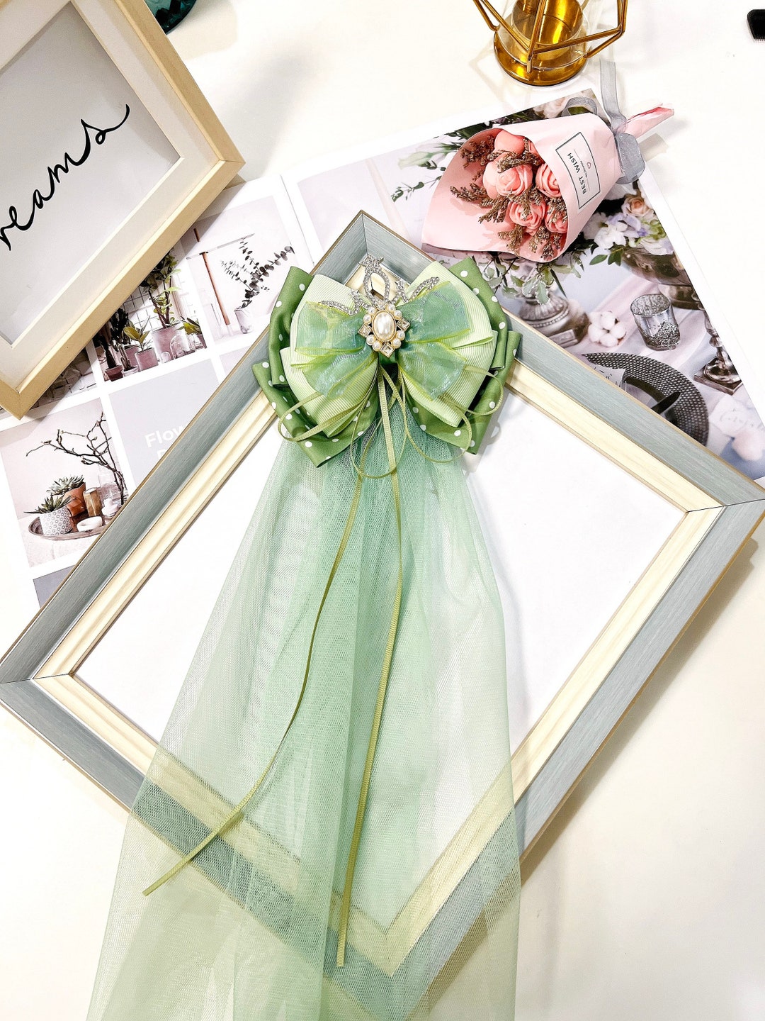 Princess Crown Bow Anna Inspired Bow Green Long Tail Bow - Etsy