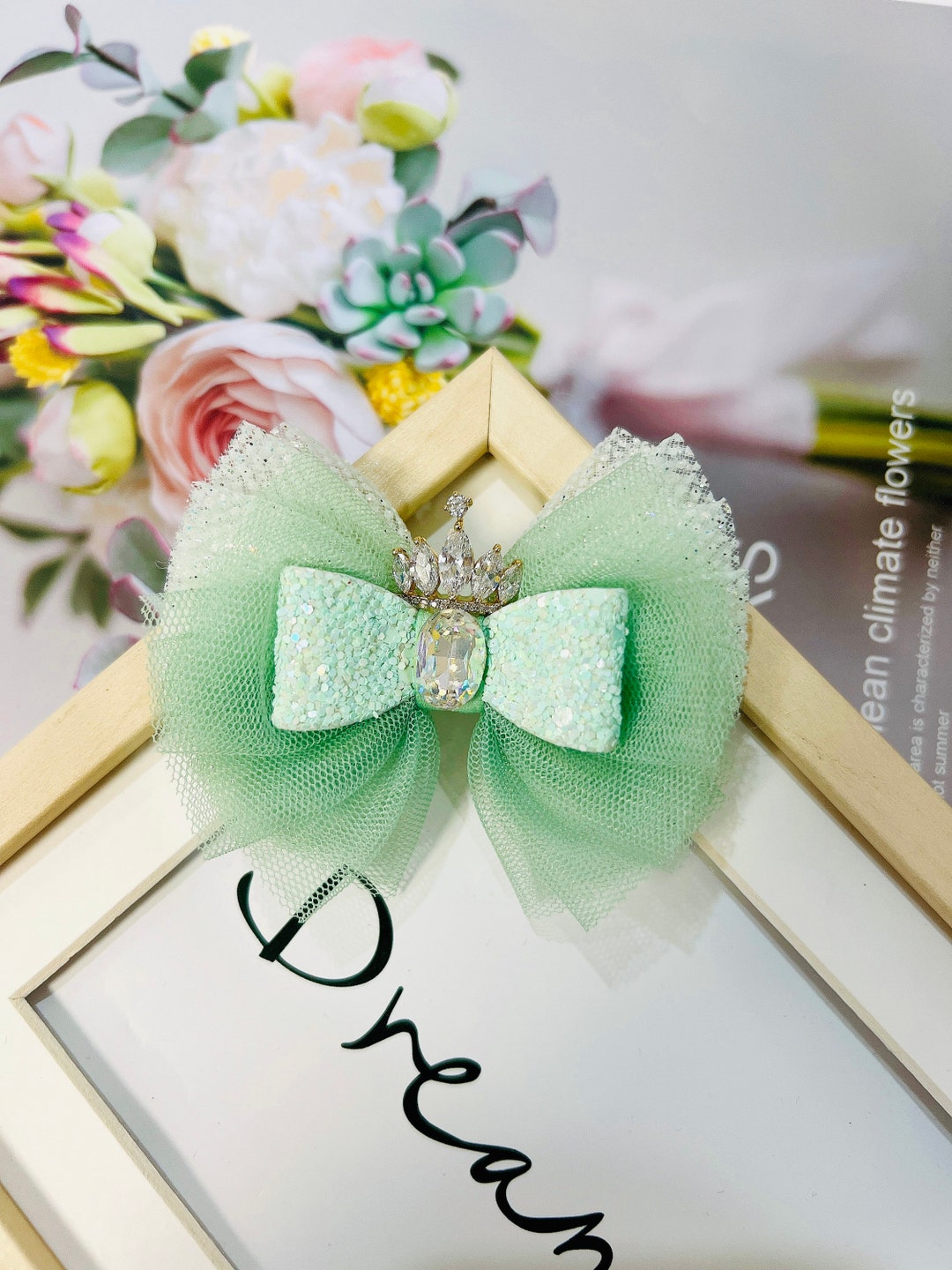 Green Tulle Bow, Green Crown Bow, Little Rhinestone Crown Clip, Anna ...