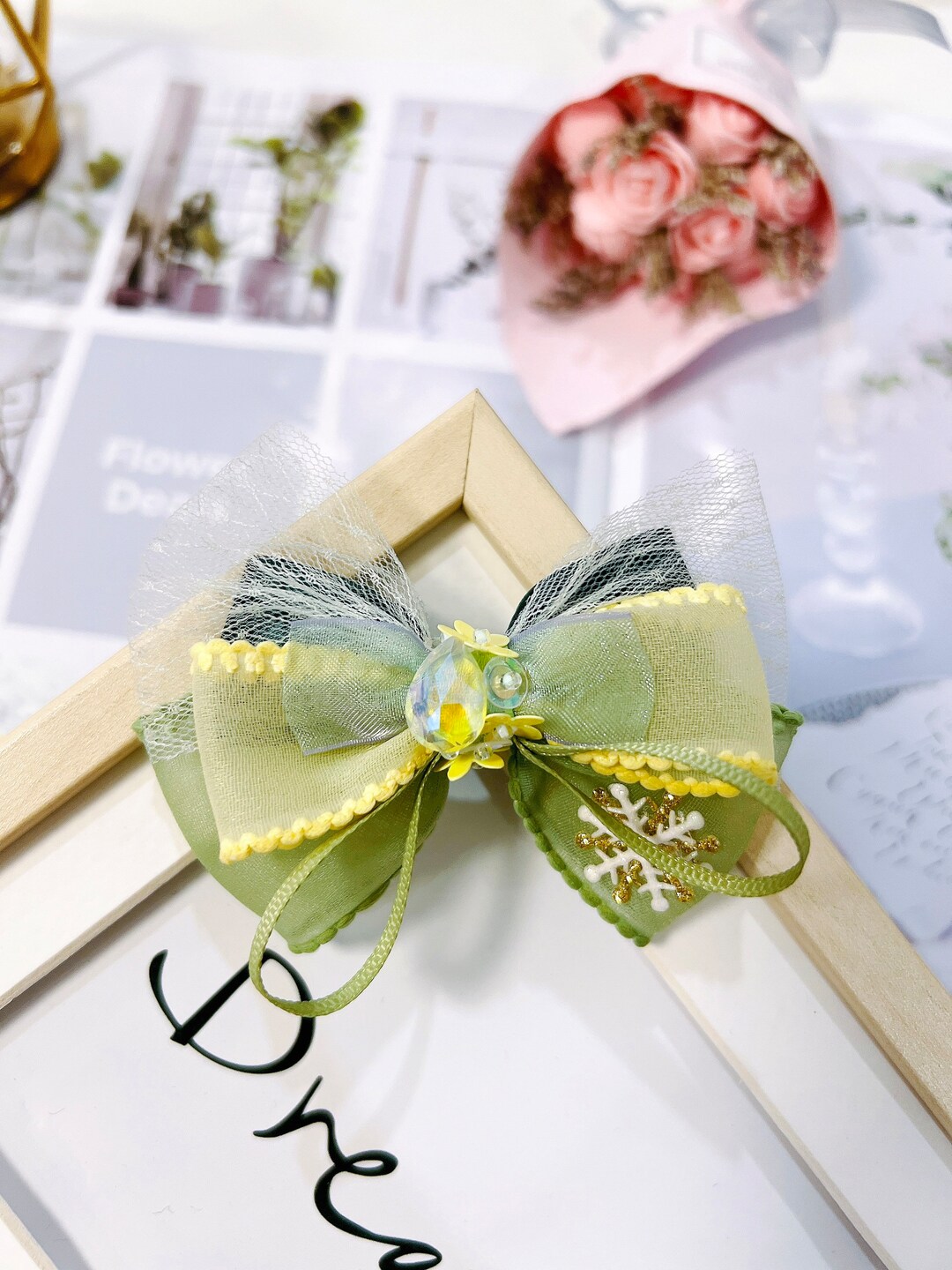 Frozen Inspired Bow, Anna Inspired Bow, Green Tulle Bow, Snow Flakes ...