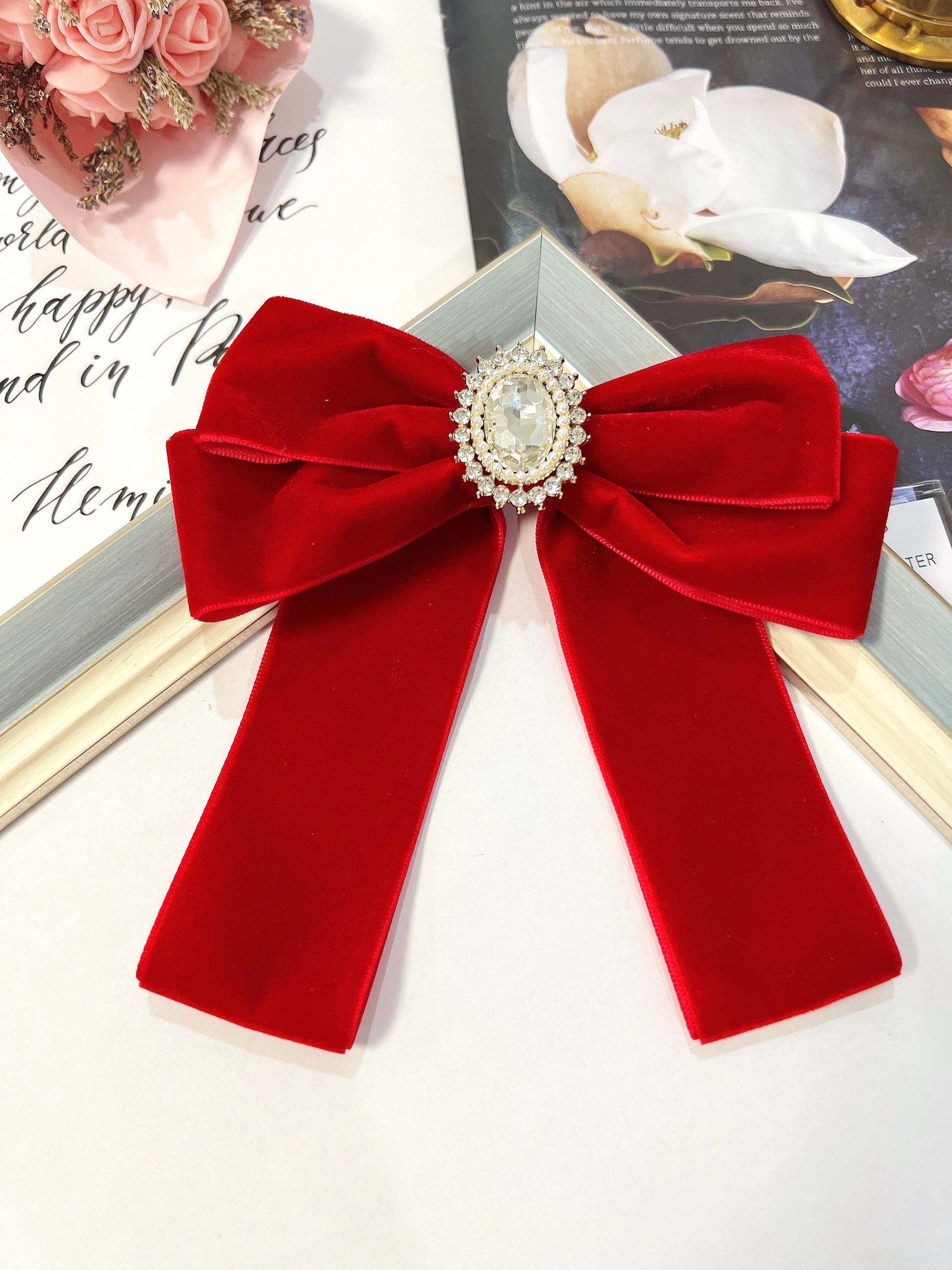 Red Velvet Tail Bow Rhinestone Center Bow Luxury Style Bow - Etsy