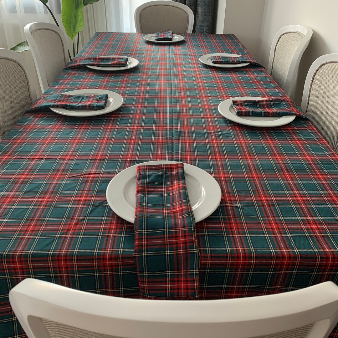 Green Plaid Xmas Fabric Tablecloth, Green Tartan Table Cover, Scottish ...