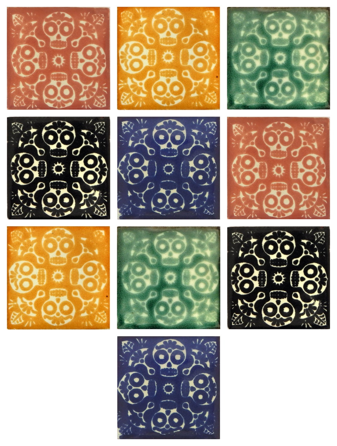 10 Mexican Talavera Ceramic Tiles 2x2 Dia De Muertos Calaveras Skulls ...
