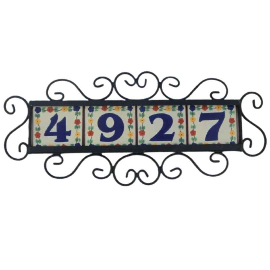 4 HOUSE NUMBER Tiles Mexican Talavera & Iron Frame Horizontal FLOWER ...