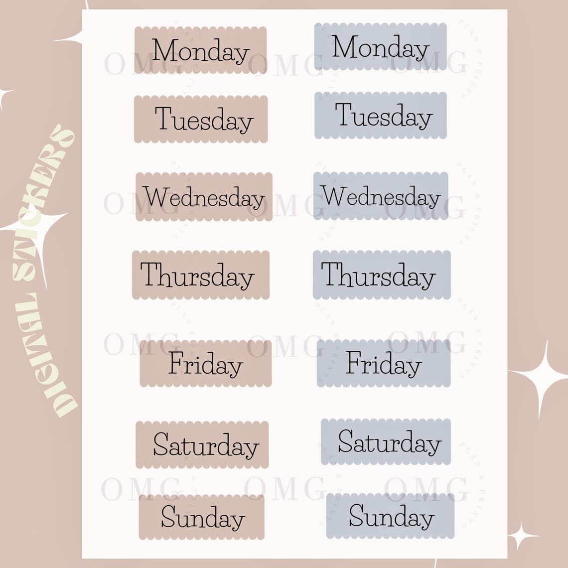 Modern Weekday Themed Digital Stickers- Goodnotes Sticker, iPad Digital ...