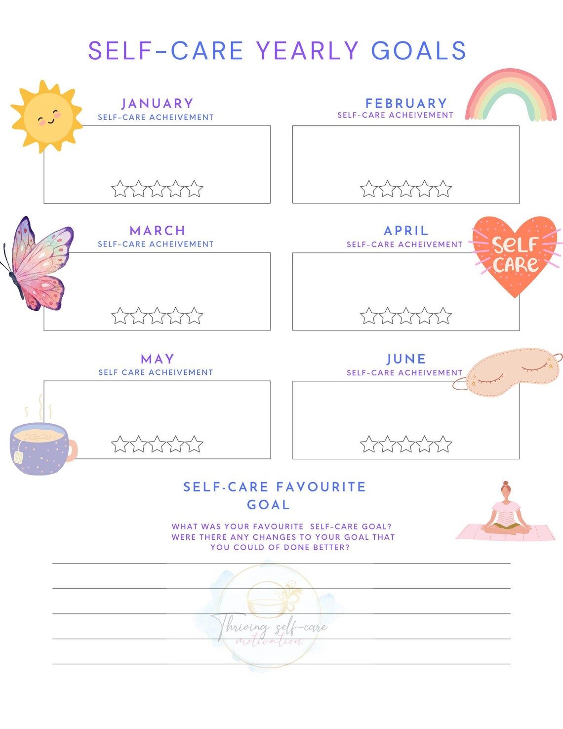 Self-care Printable, Yearly Goals - Etsy