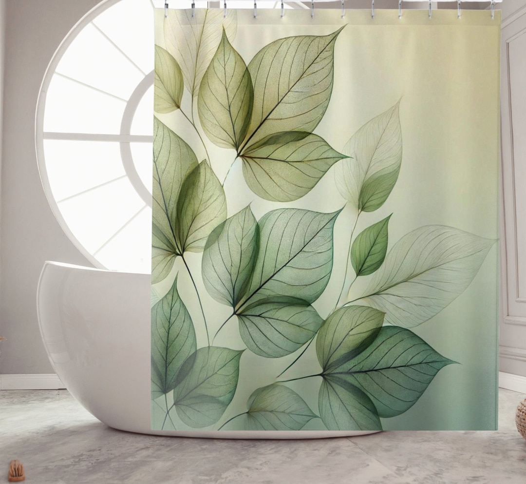 Green Leaf Shower Curtain Housewarming Gift, Botanical Bath Decor, Boho ...