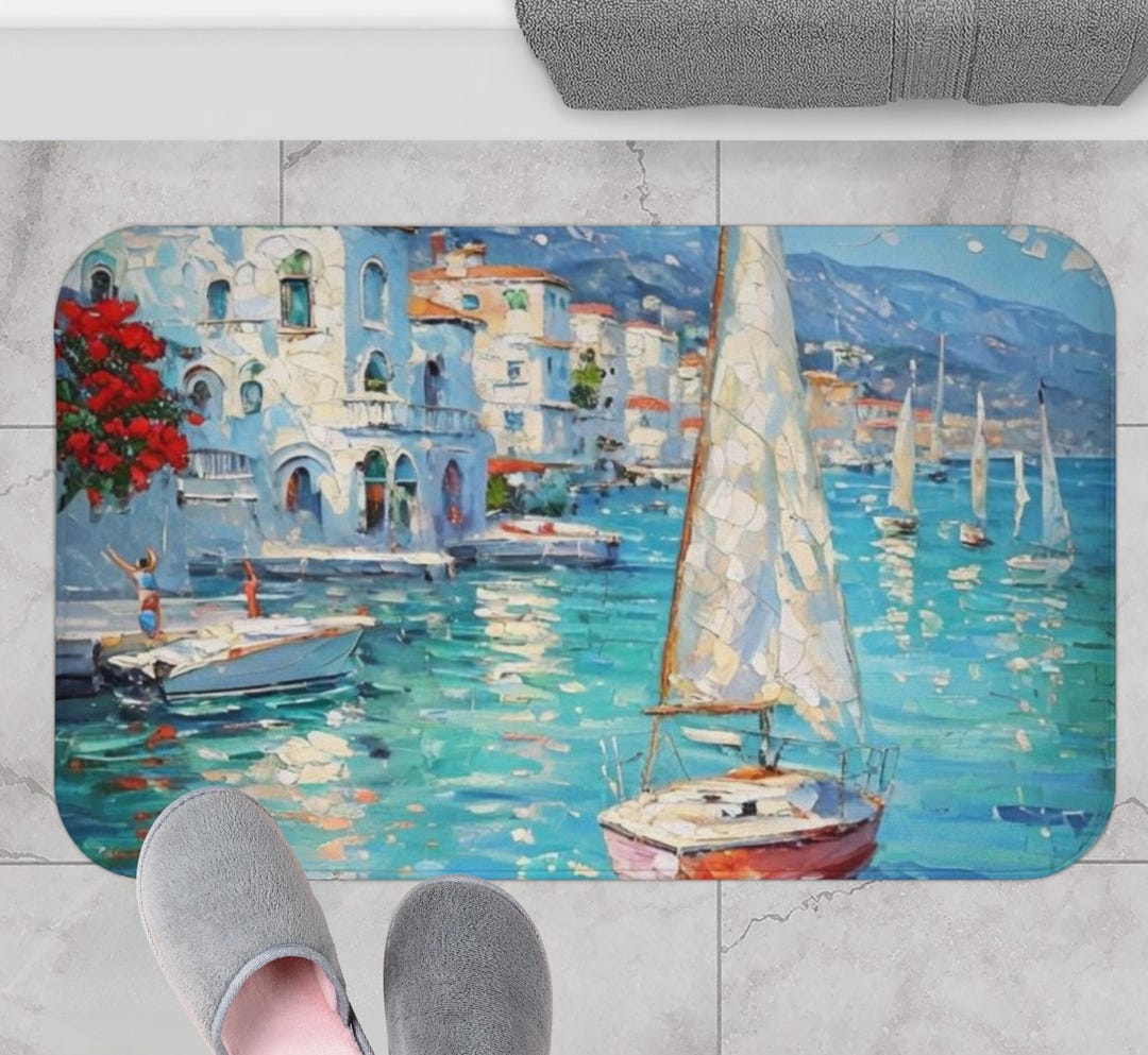 Nautical Bath Mat Bathroom Accessories Sailboat Coastal Bathroom Decor ...