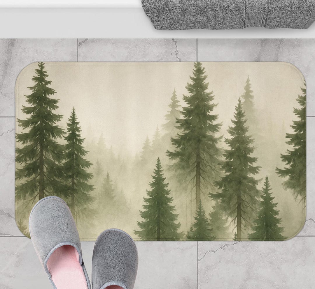 Misty Forest Bath Mat, Rustic Cabin Bathroom Rug, Woodland Pine Tree ...