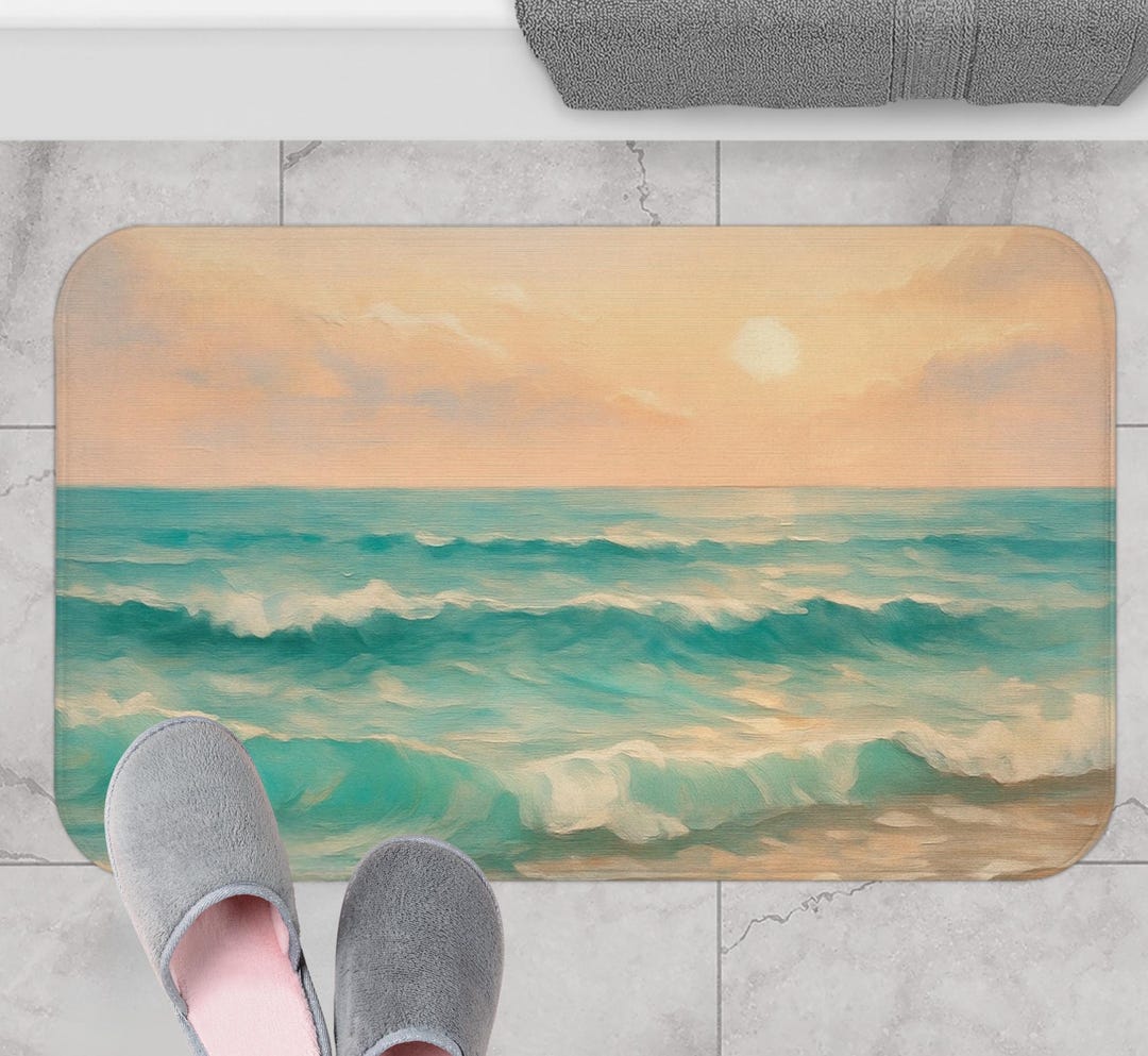 Coastal Boho Bath Mat, Ocean Horizon Bathroom Rug, Teal and Sand Beach ...