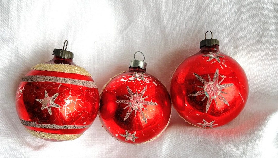 3 Vintage Red Mercury Glass Ornaments W/ Decorative Mica Stars W ...