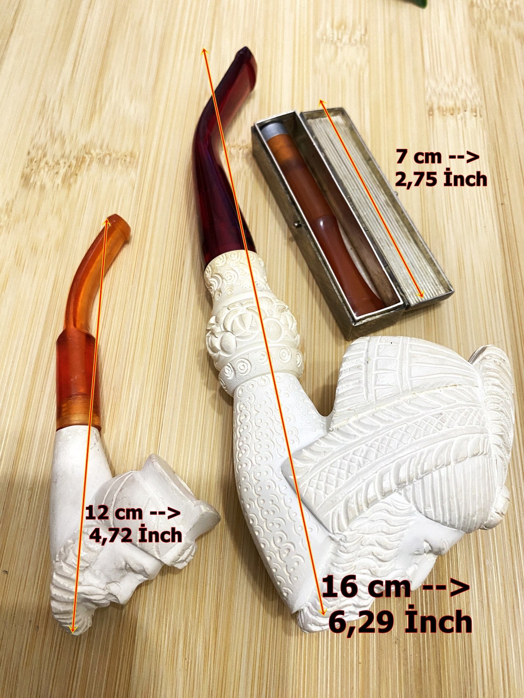 Lot Set 3 Meerschaum Pipe Hand Carved / Silver Boxed Mouthpiece 1960s ...