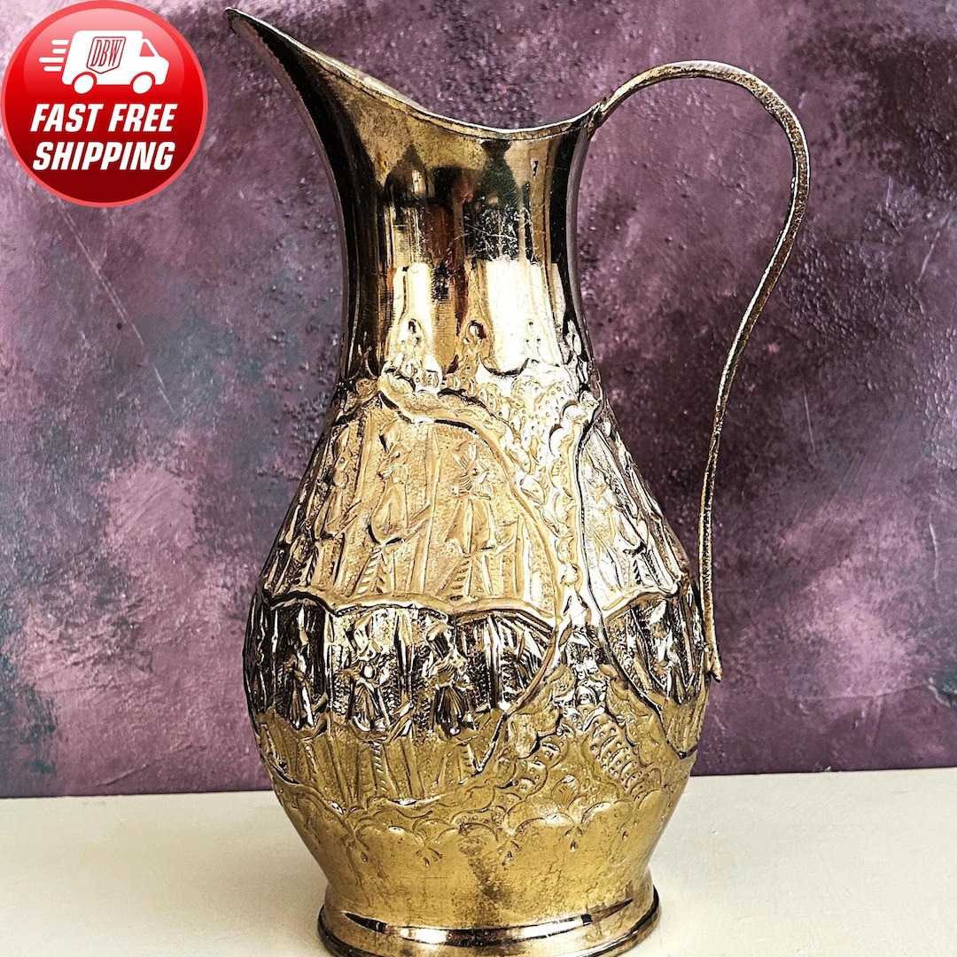 Vintage Arabic Persian Brass Pitcher, 3D Design, Engraving Workmanship ...