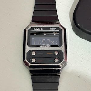 RARE Black Color CASIO A100WE Black Color Digital Watch Casio Tin BOX ...