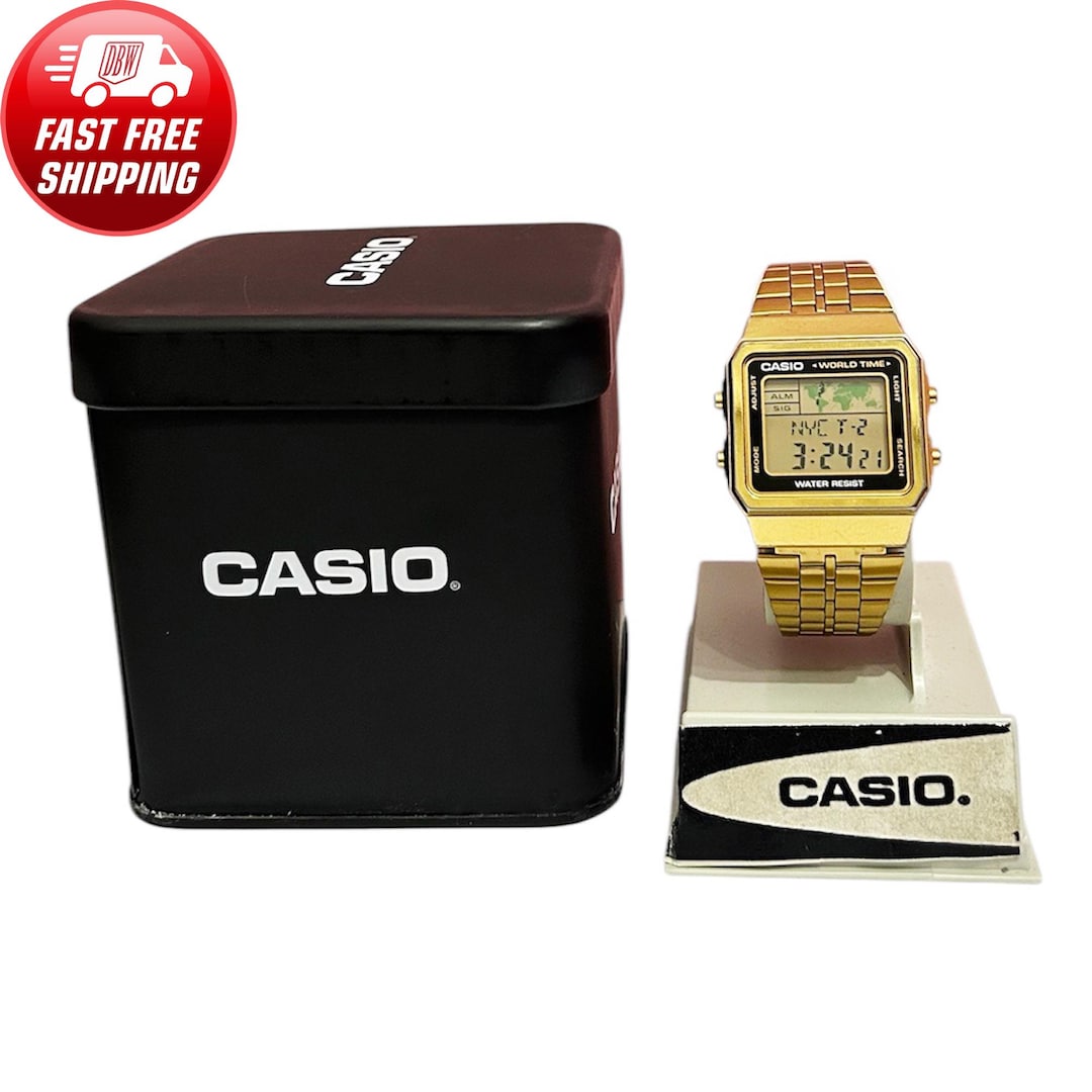 Beautiful CASIO A500W World Time Gold Color Watch Casual Square Very Good Condition Casio Tin ...