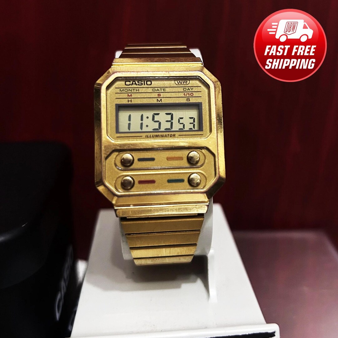 RARE Color CASIO A100WE Gold Color Digital Watch Casio Tin BOX Very ...