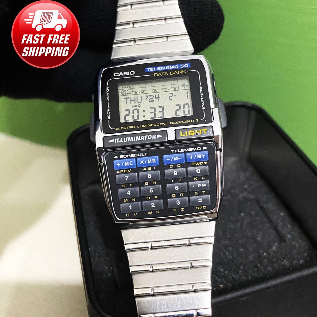 Execelent Nos Casio Dbc-63 Databank Telememo 50 Memory Calculator Watch 1990s Vintage / Mod ...