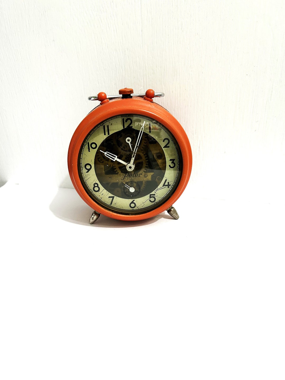 Vintage PETER Mechanical Table Alarm Clock 1970s. VERY RARE Transparent ...