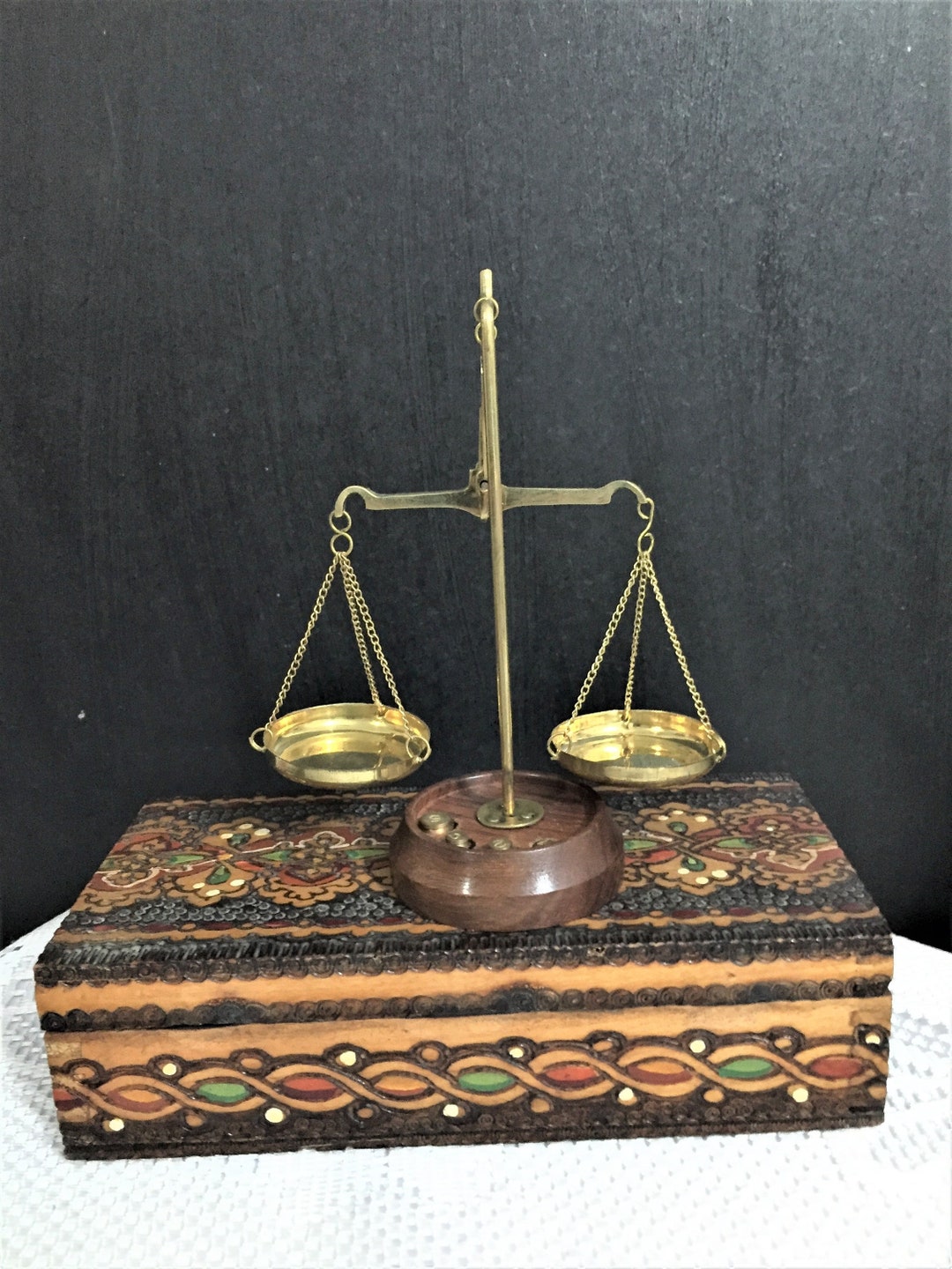 Brass Scales /scale With Handmade Vintage Wood Box/ Special Antique Box ...