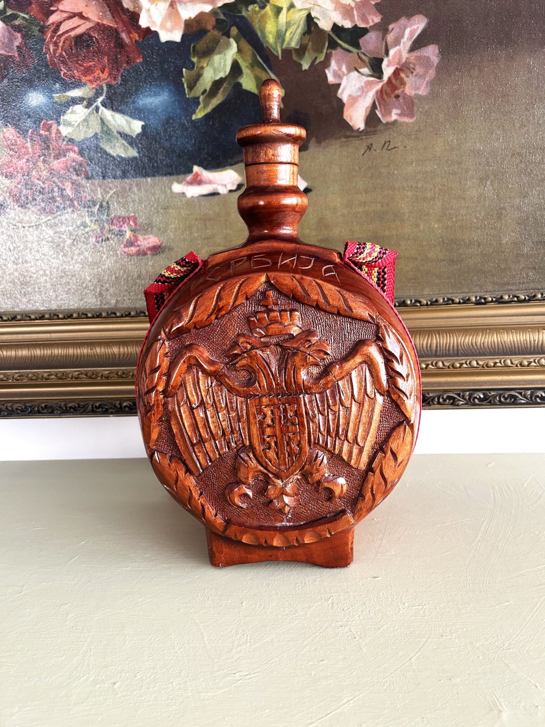 Large Handmade Wood Carving FLASK Vintage Very Good Condition Fancy ...
