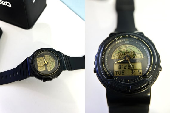 Vintage Casio AW-21U World Time Watch - Black Rubber … - Gem