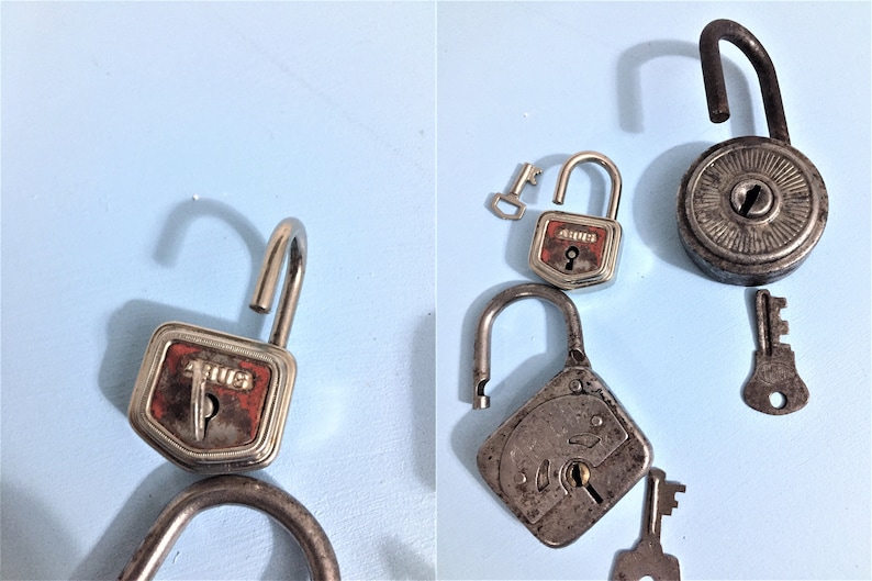 3 Sets of Antique Padlock and Stand / Vintage German / ABUS Made in ...