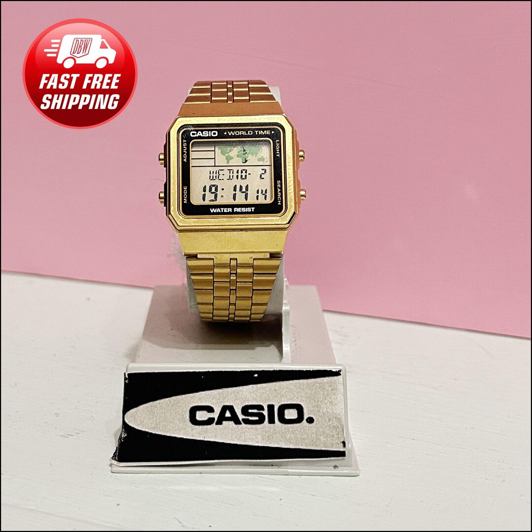 Beautiful CASIO A500W World Time Gold Retro Watch Vintage Casual Square Very Good Condition ...