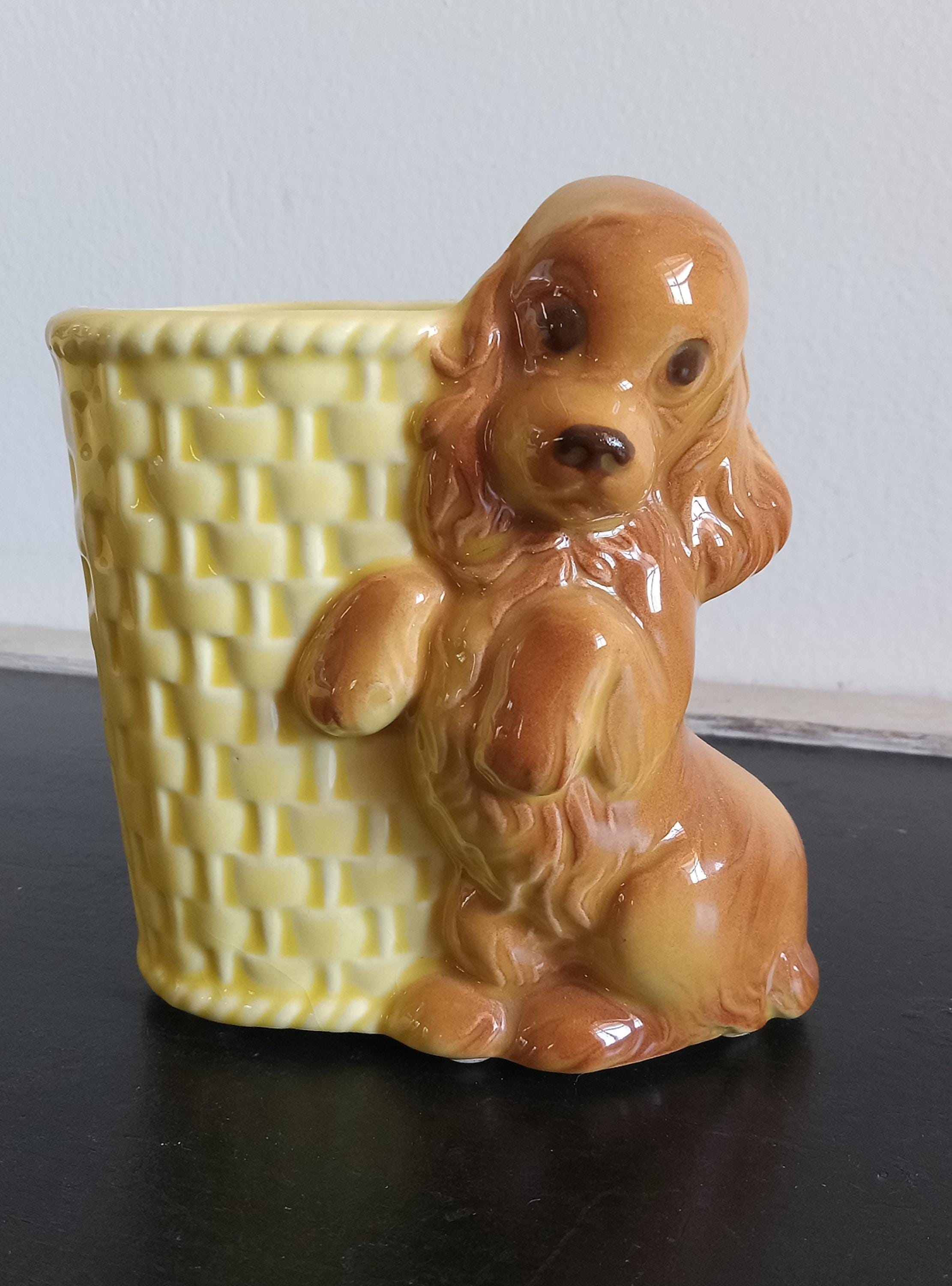 Vintage Royal Copley, Cocker Spaniel and Yellow Basket Planter Vase ...
