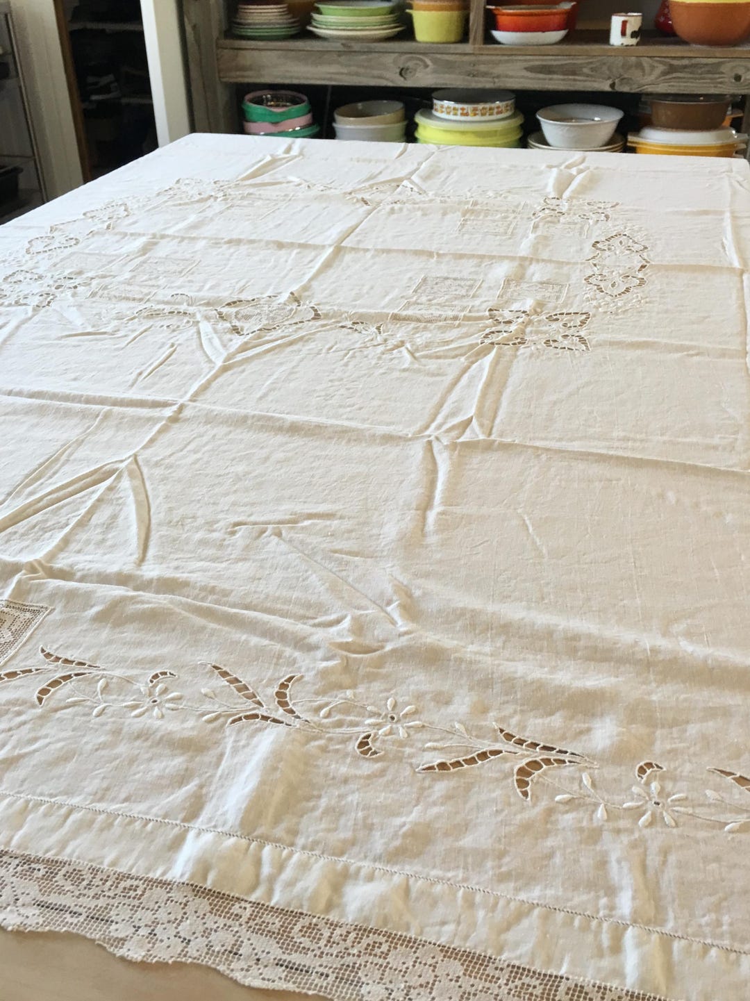 Antique Linen and Lace Tablecloth: Embroidered Cutwork Lace, 77" Square ...