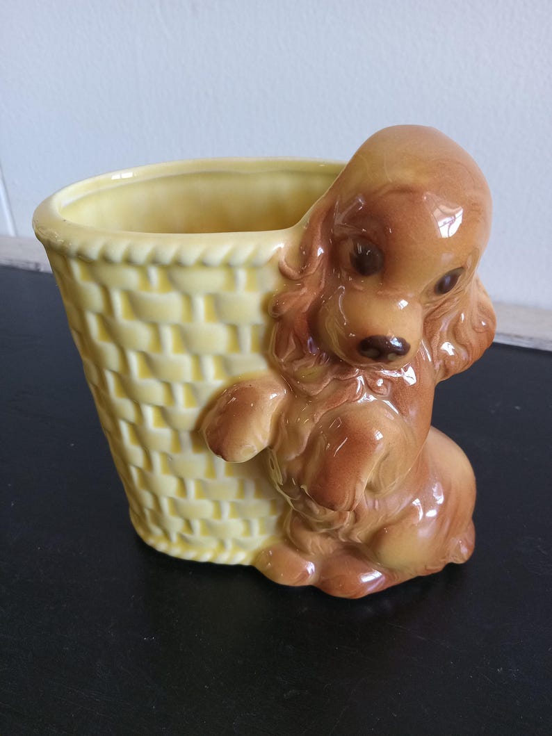 Vintage Royal Copley, Cocker Spaniel and Yellow Basket Planter Vase ...