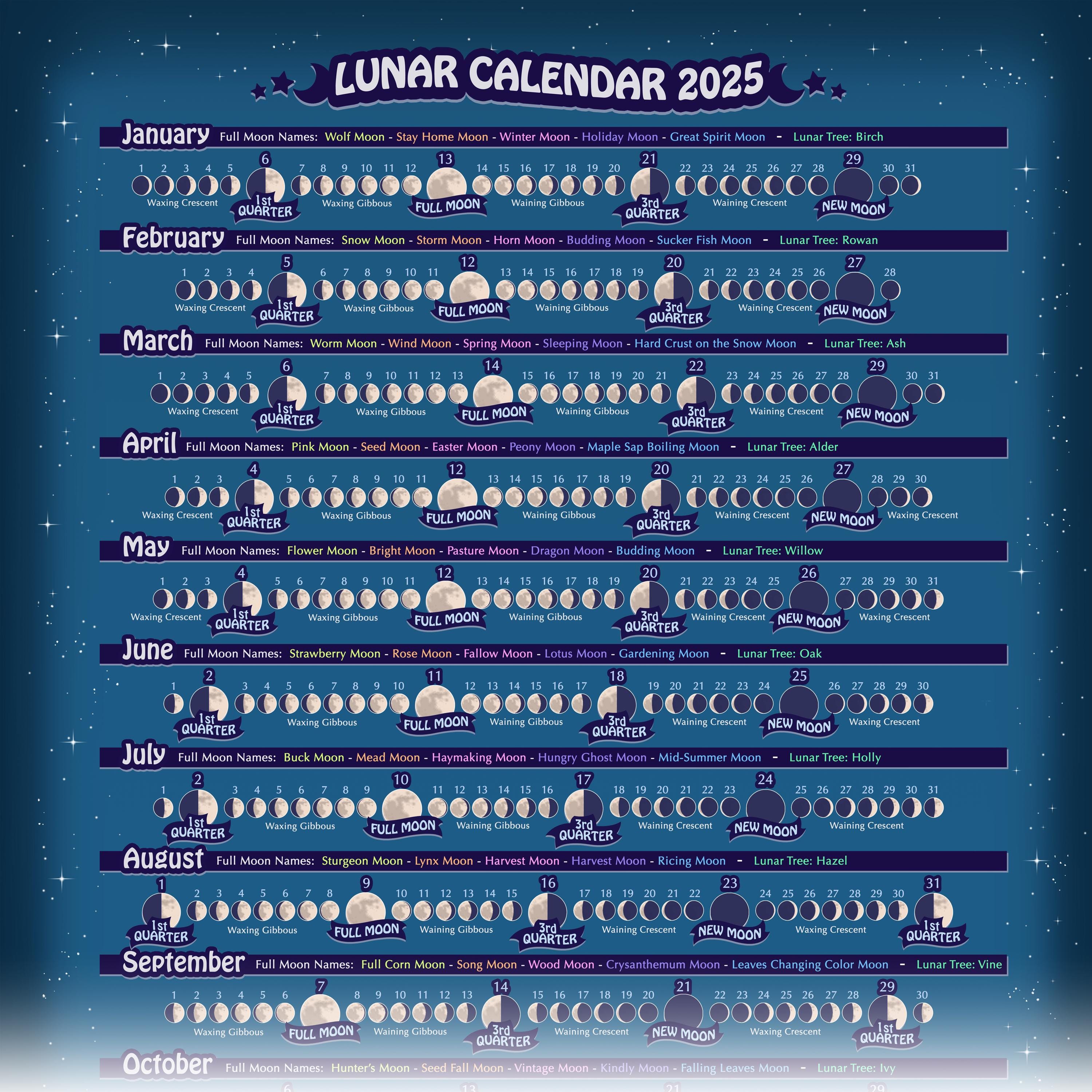 Lunar Calendar 2025 (with Phases and Names Labeled) - Etsy
