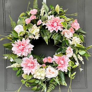 Summer Wreath for Door, Pink Spring Wreath for Front Door, Dahlia ...