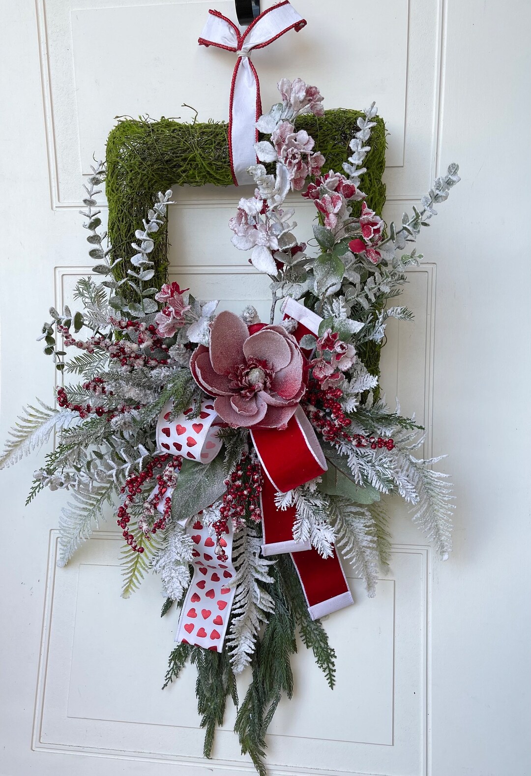 Valentines Day Wreath, Rectangular Moss Wreath, Flocked Winter Wreath ...