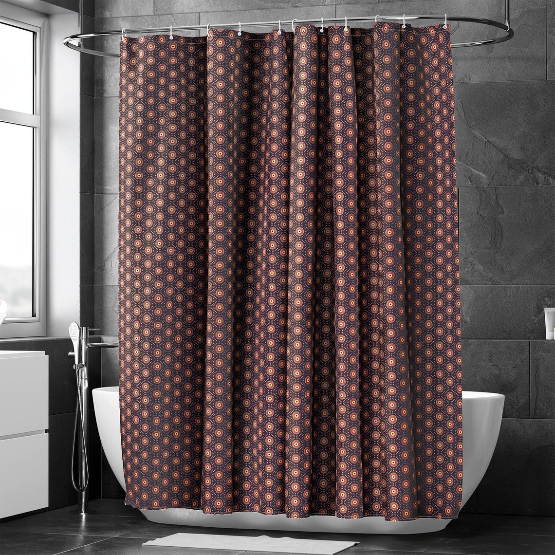 Starry Night Mid-century Modern Shower Curtain in Red, Gold and Purple ...
