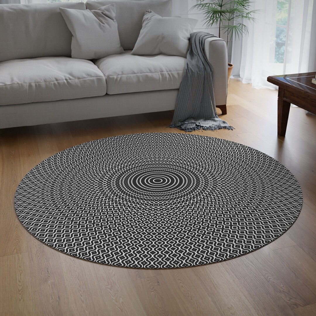Black and White Area Rug, 60 Inch Round Chenille Carpet for Home Office ...