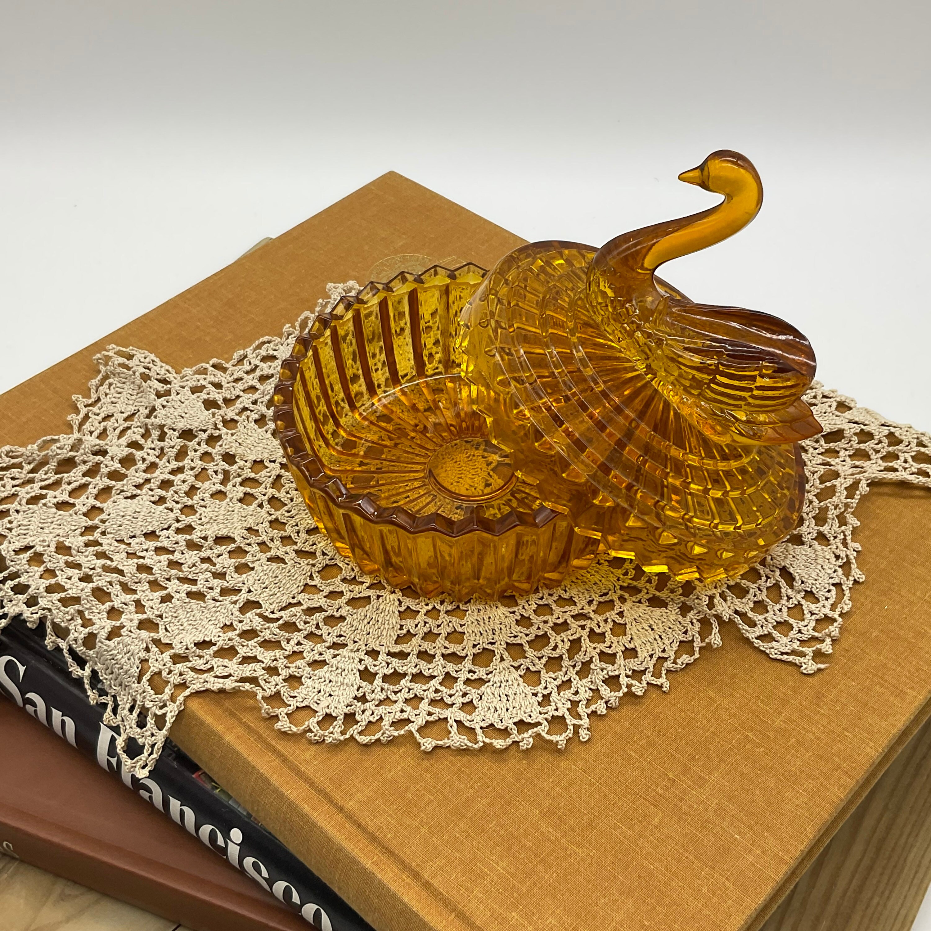 Vintage Amber Glass Swan Powder Dish - Etsy
