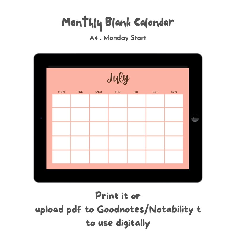 Blank Undated Monthly Calendar Printable,monthly Blank Calendar, PDF ...