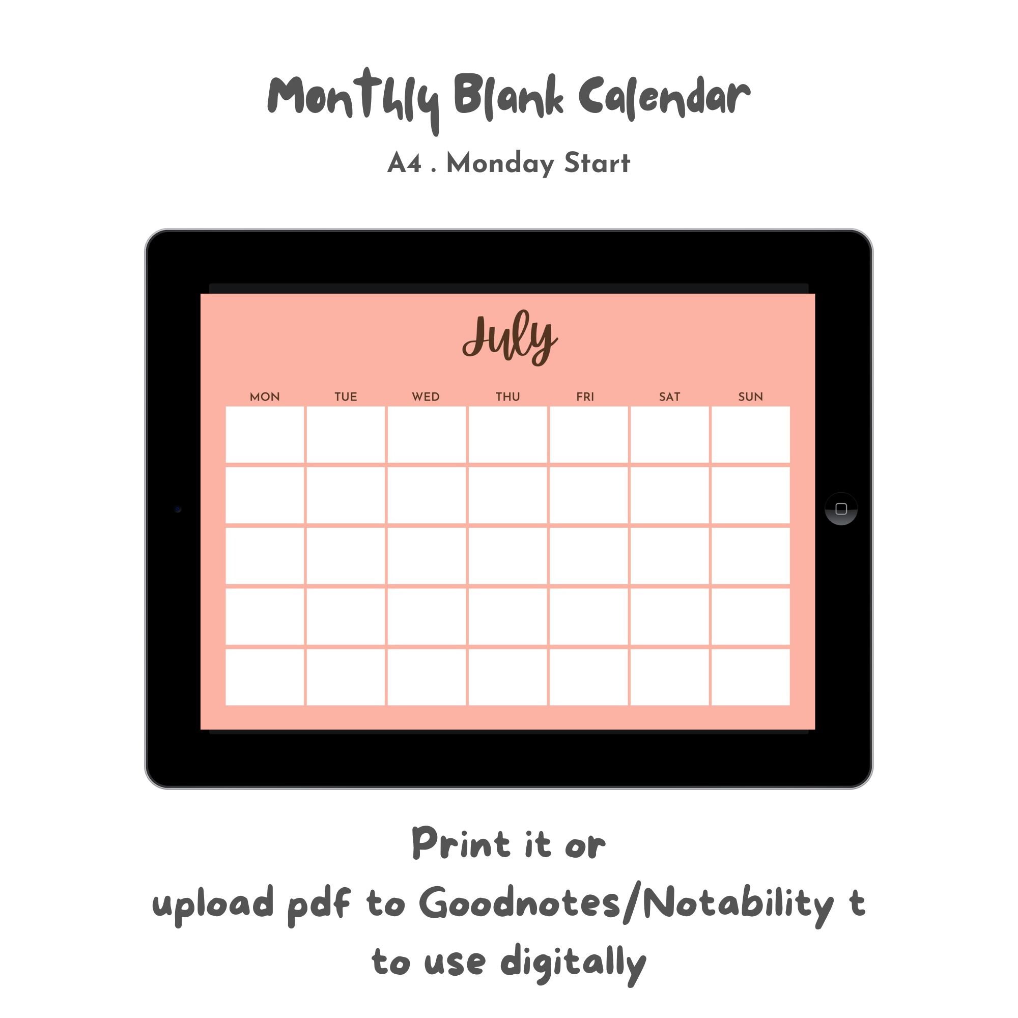 Blank Undated Monthly Calendar Printable,monthly Blank Calendar, PDF ...