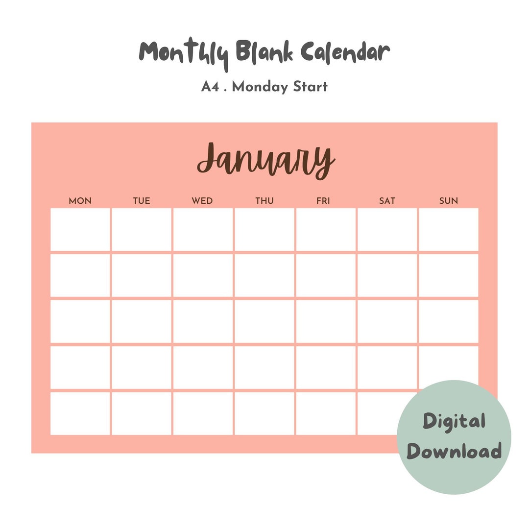 Blank Undated Monthly Calendar Printable,monthly Blank Calendar, PDF ...