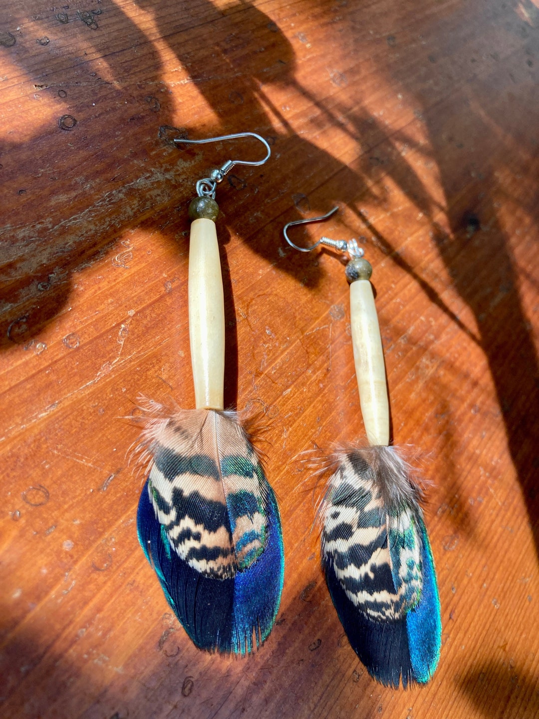 Peacock Feather Earrings Homegrown Farm Feathers Bone Bead Etsy