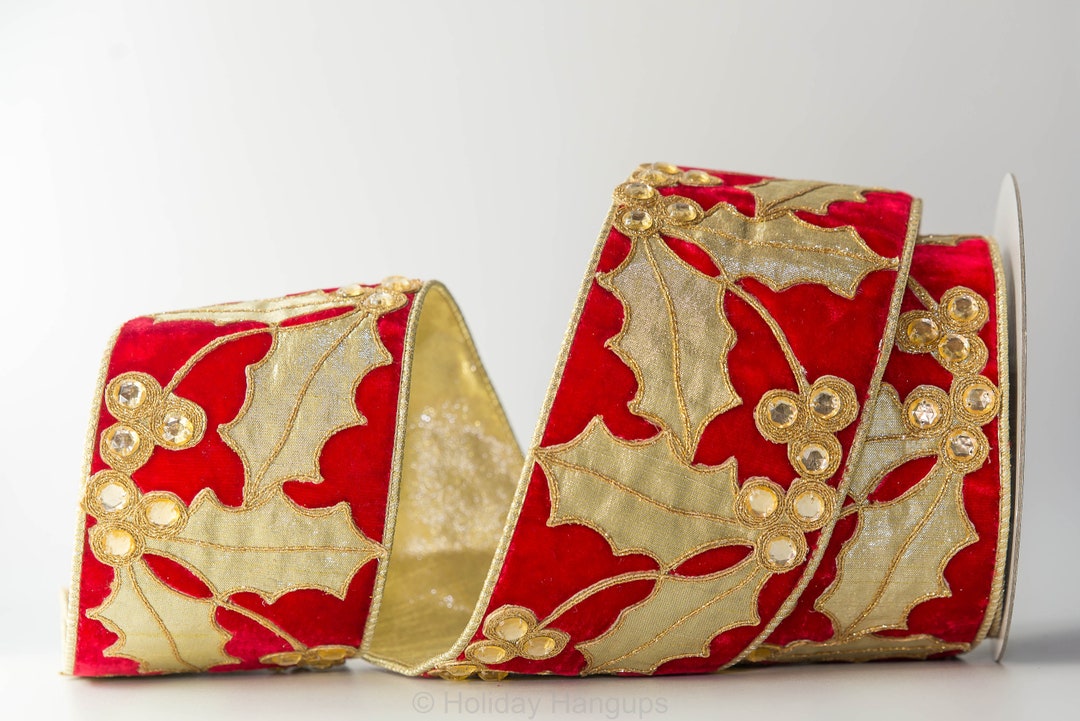 Holly on Velvet, Red Gold, 4 Inch Designer Ribbon by Farrisilk, for ...