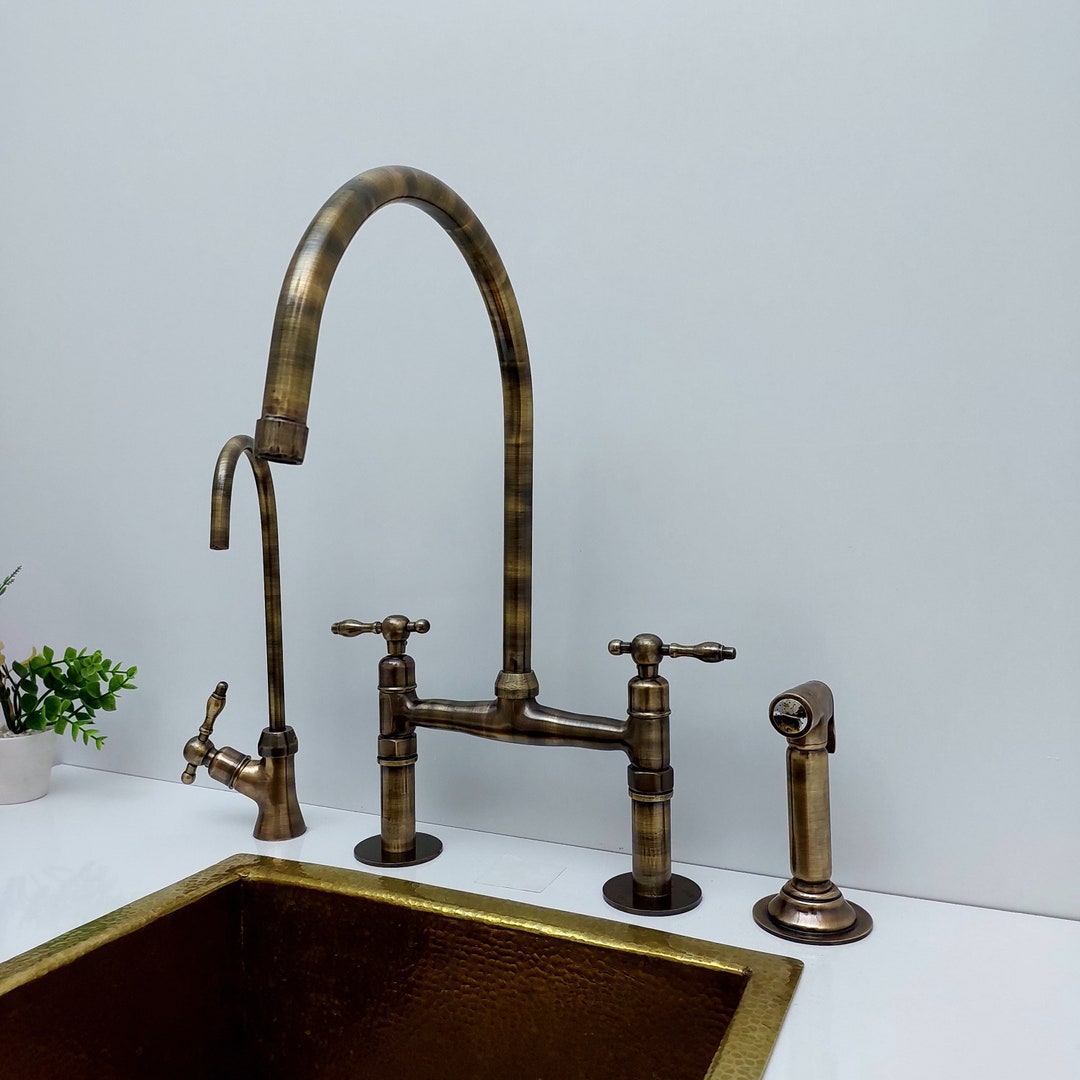 Oil Rubbed Bronze Bridge Kitchen Faucet With Sprayer | Cross Handle - Etsy