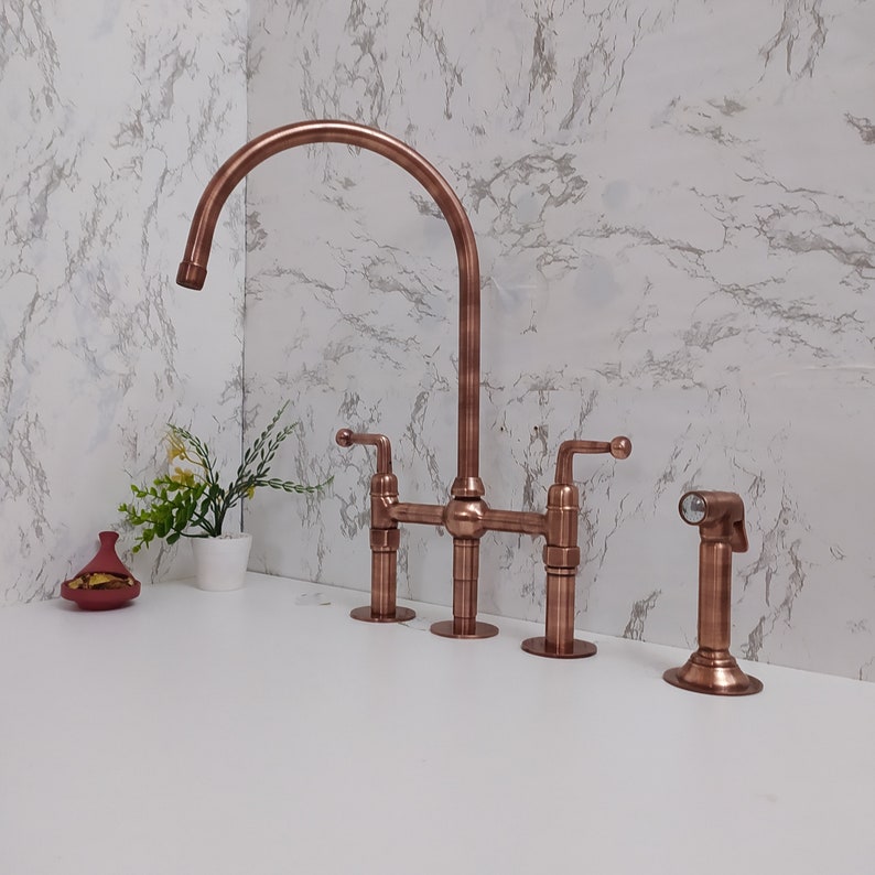 Antique Copper Kitchen Bridge Faucet With Sprayer and Cold - Etsy