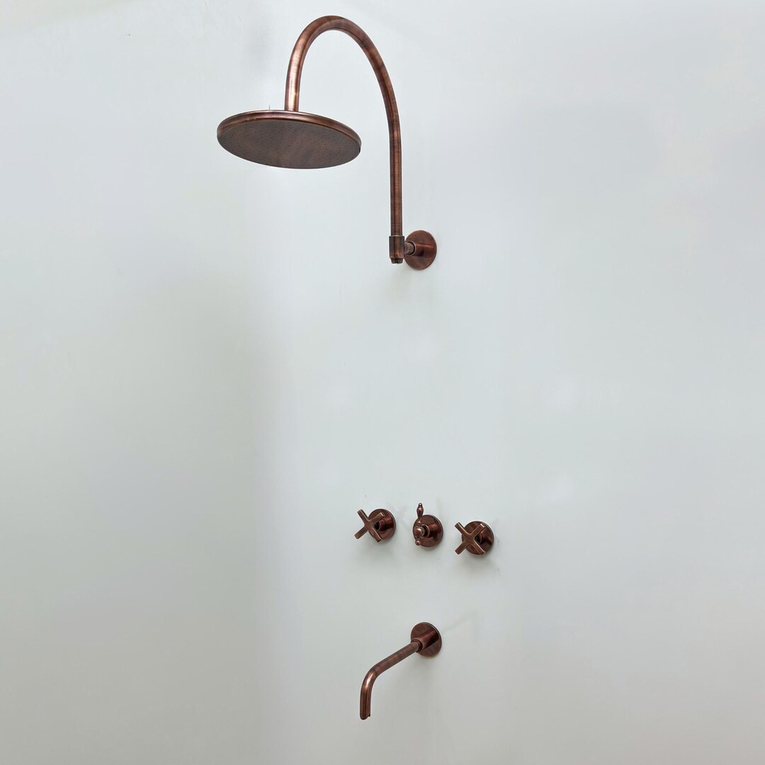 Antique Copper Shower System With Tub Filler, Solid Round Rain Shower ...