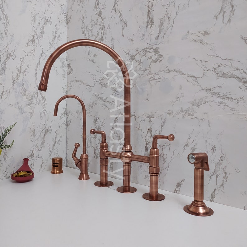Antique Copper Kitchen Bridge Faucet With Sprayer and Cold - Etsy