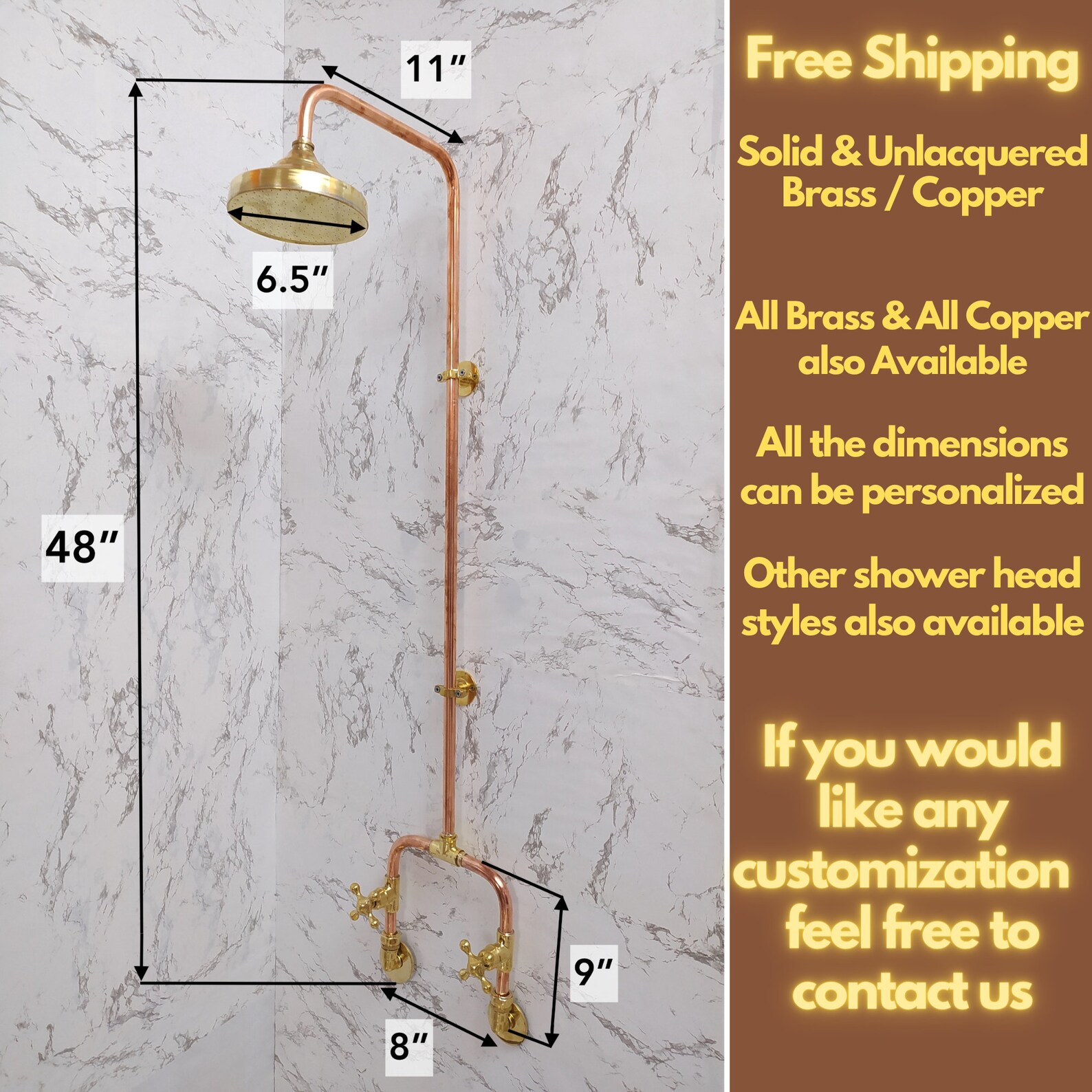 Unlacquered Brass & Copper Shower System With Rain Shower, Solid ...