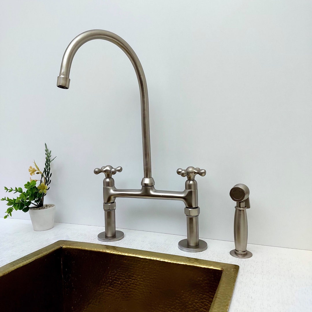 8" Nickel Finish Bridge Faucet, Brass Vintage Faucet With Sprayer and ...