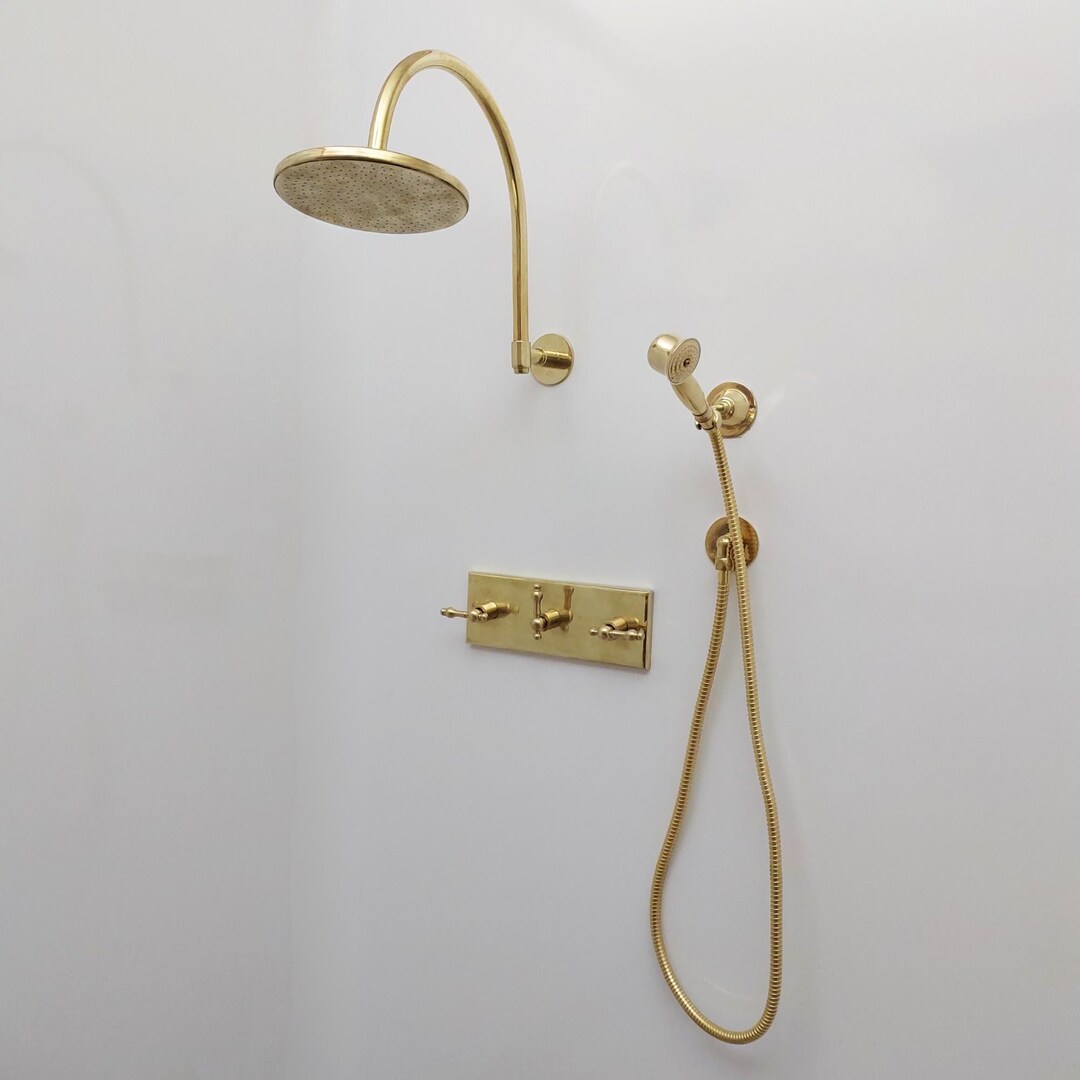 Unlacquered Brass Shower System With Central Brass Plaque and Lever ...