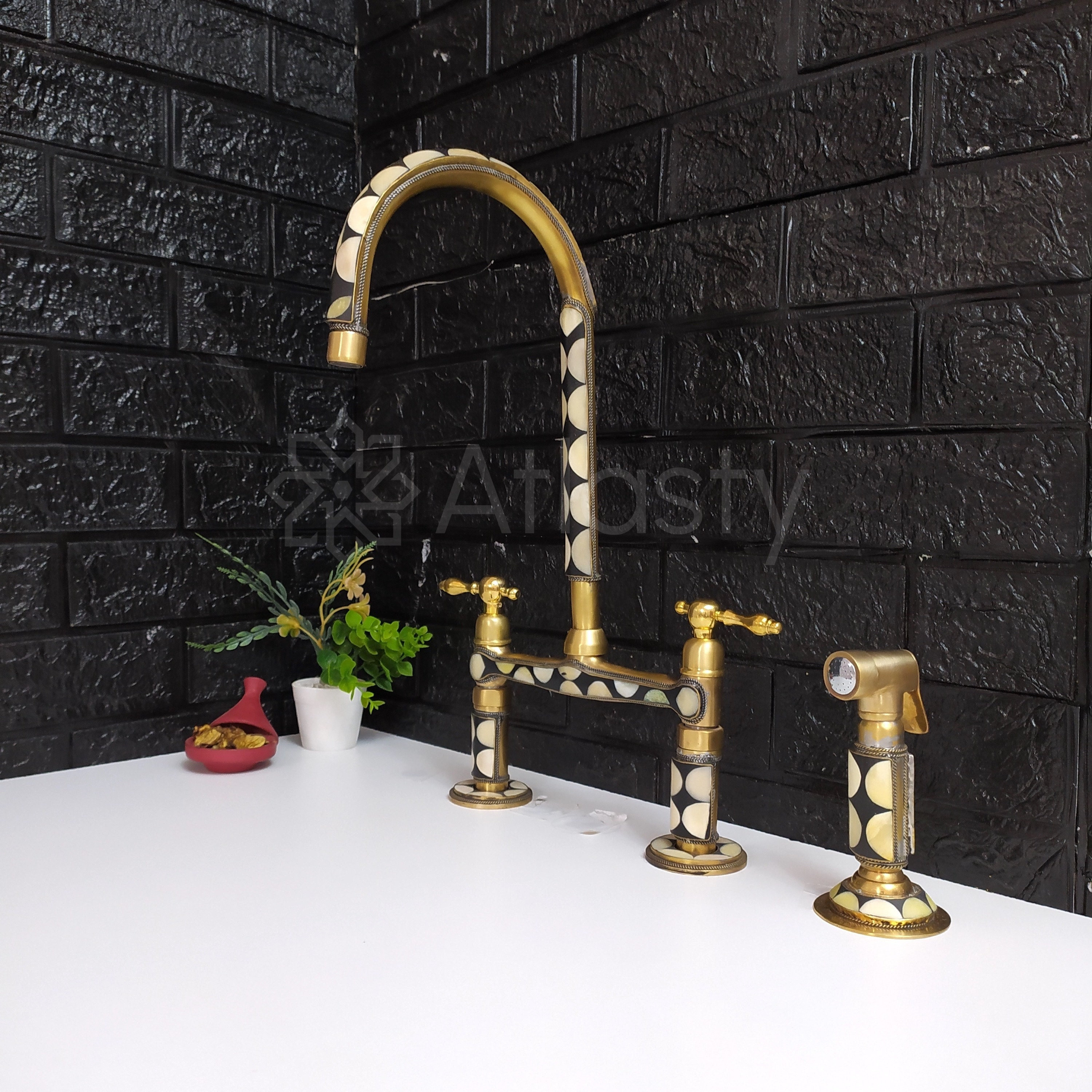 Unlacquered Brass Kitchen Faucet | Resin Inlay, Bridge Style - Etsy